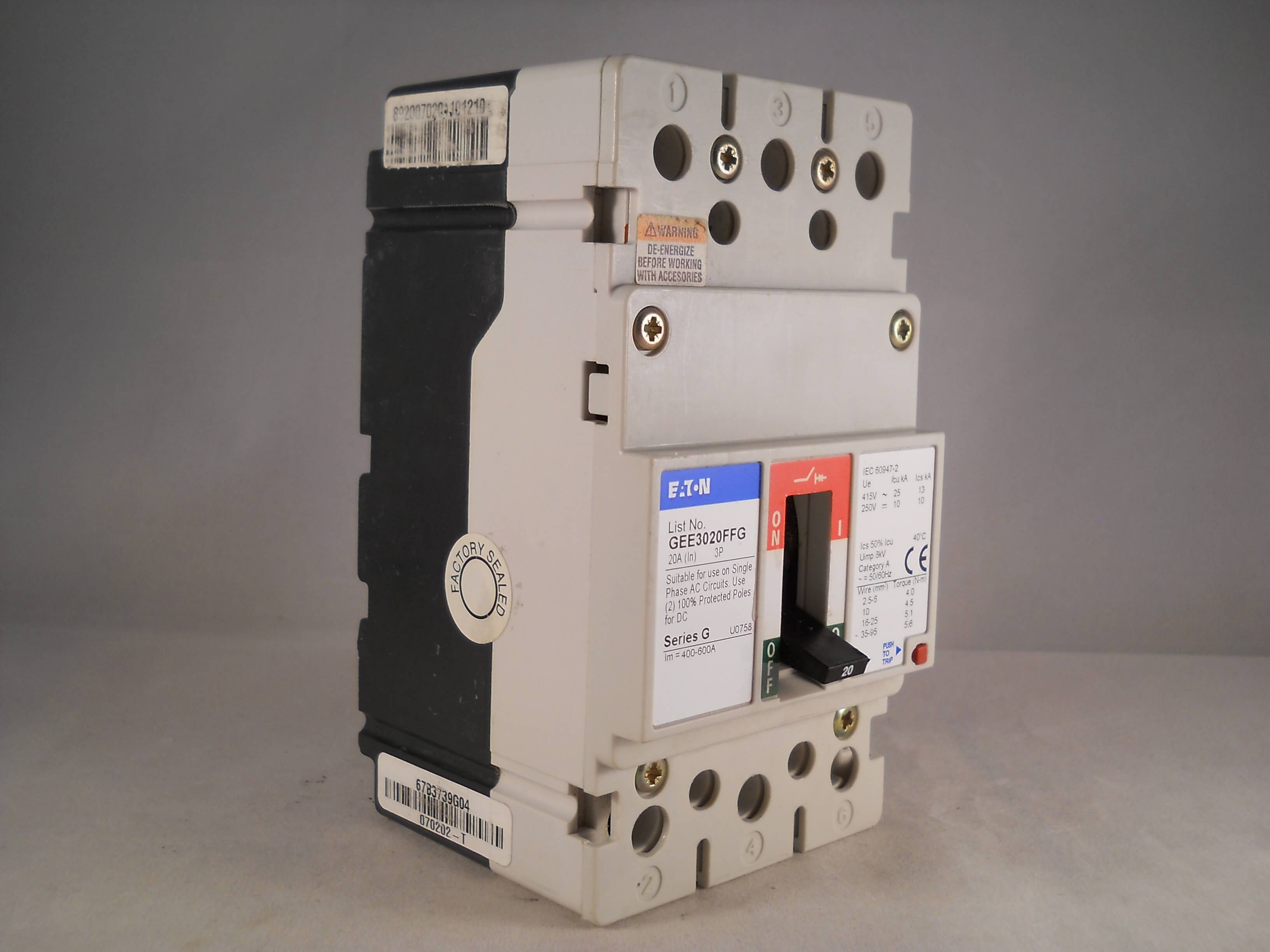 Eaton MCCB 20 Amp Triple Pole 20A 3 Phase Series G GEB3020FFG ...