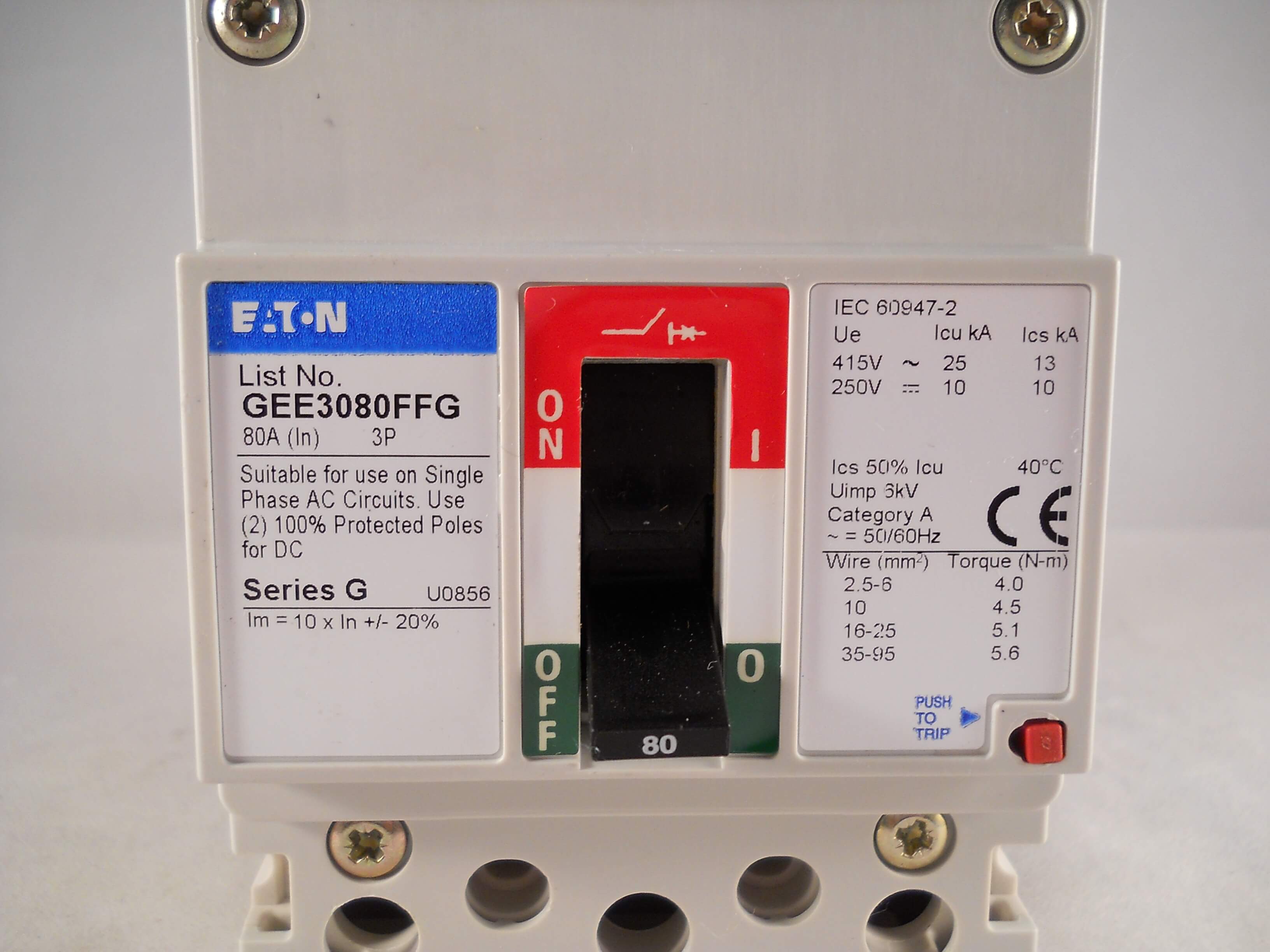 Eaton MCCB 80 Amp Triple Pole 80A 3 Phase Series G GEB3080FFG ...