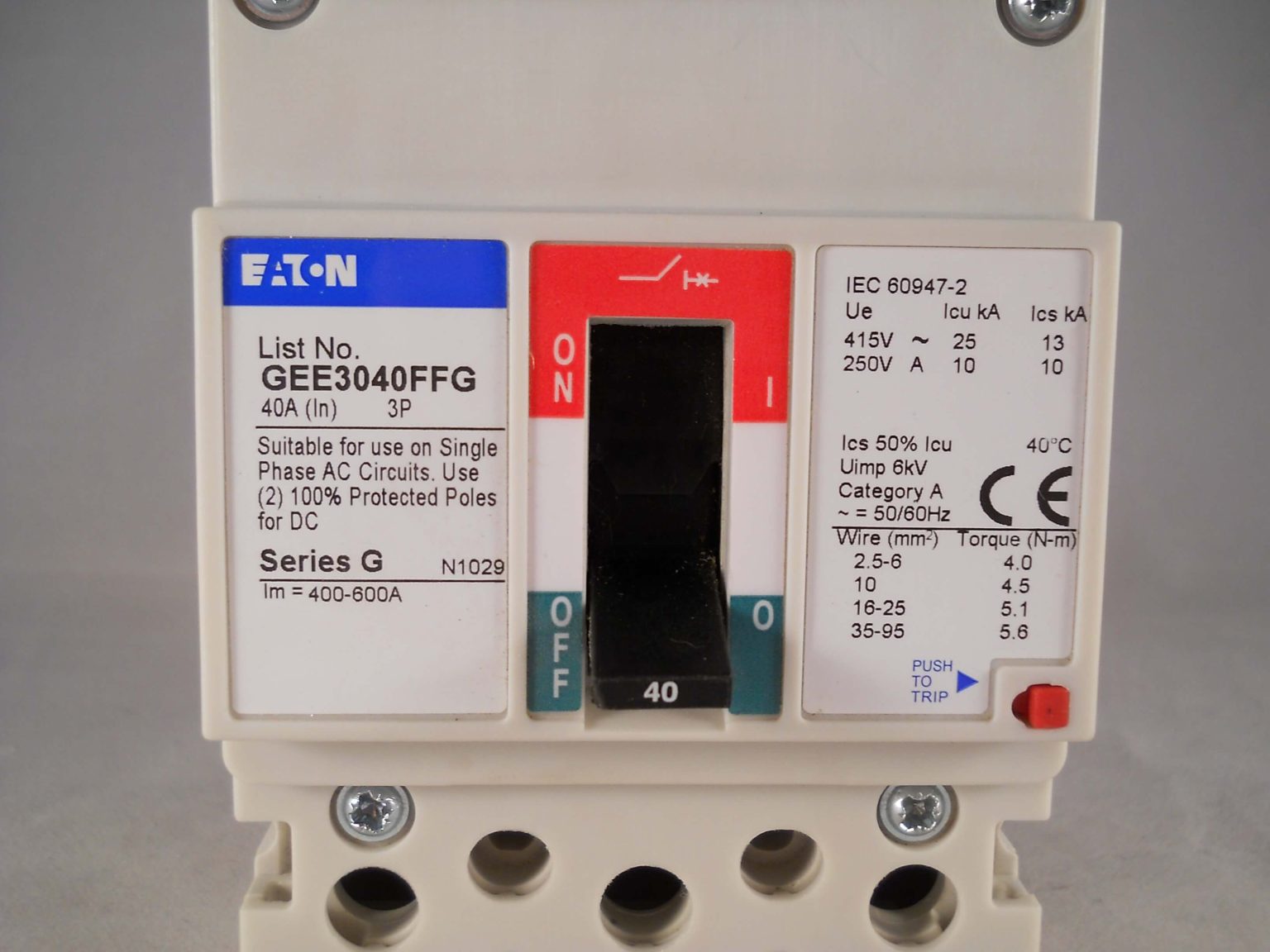 Eaton MCCB 40 Amp Triple Pole 40A 3 Phase Series G GEB3040FFG ...