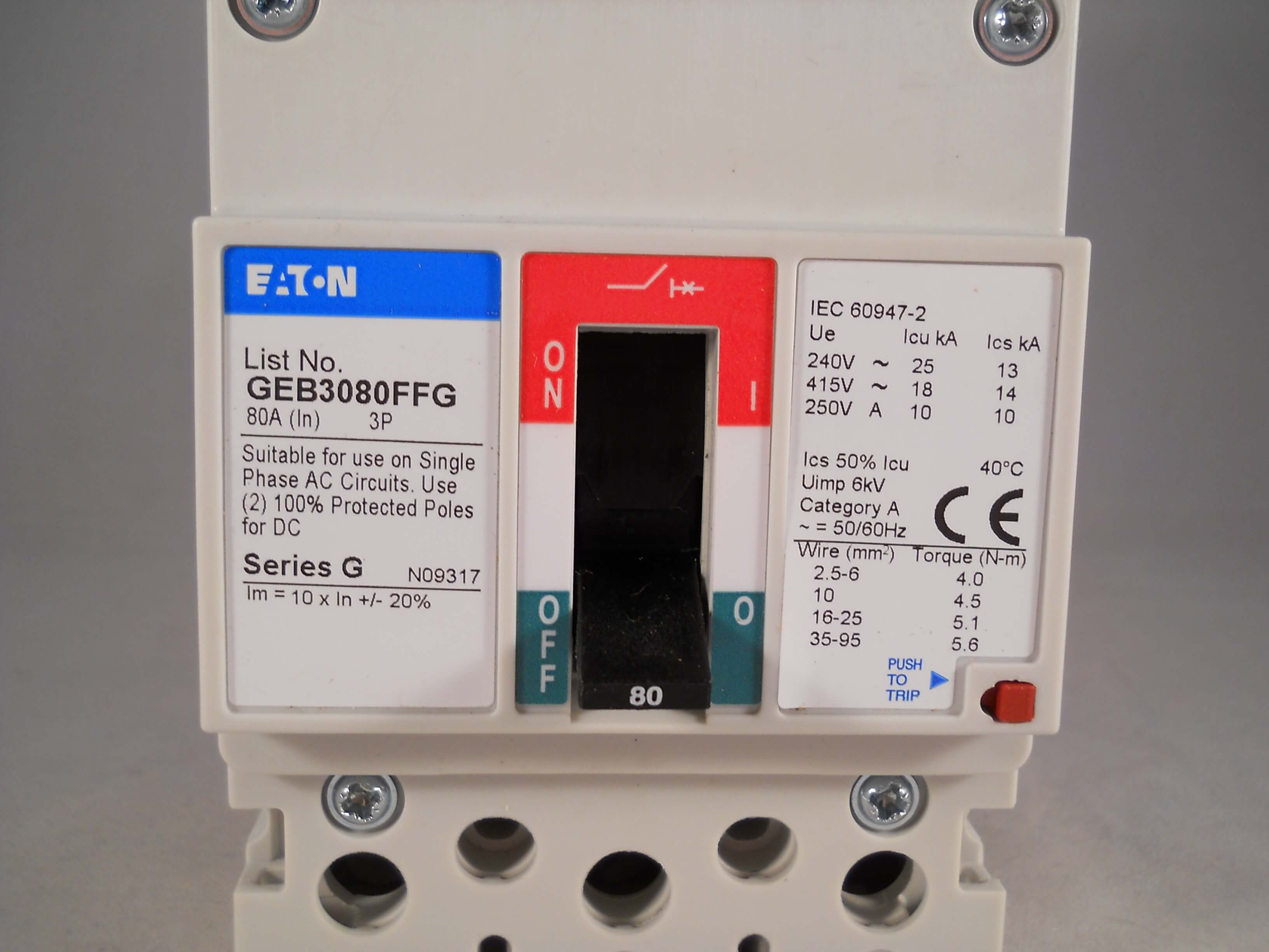 Eaton MCCB 80 Amp Triple Pole 80A 3 Phase Series G GEE3080FFG ...