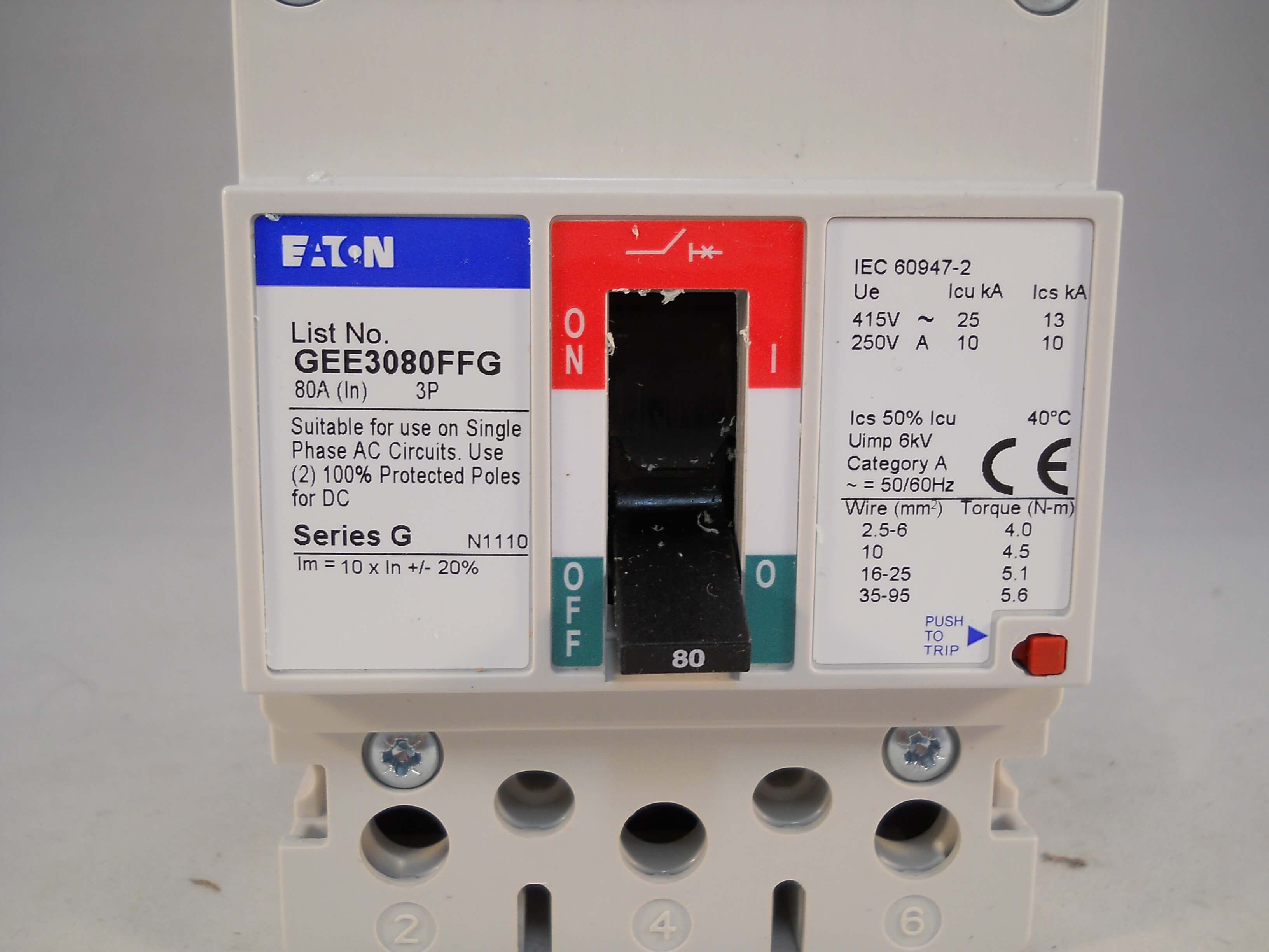 Eaton MCCB 80 Amp Triple Pole 80A 3 Phase Series G GEB3080FFG ...