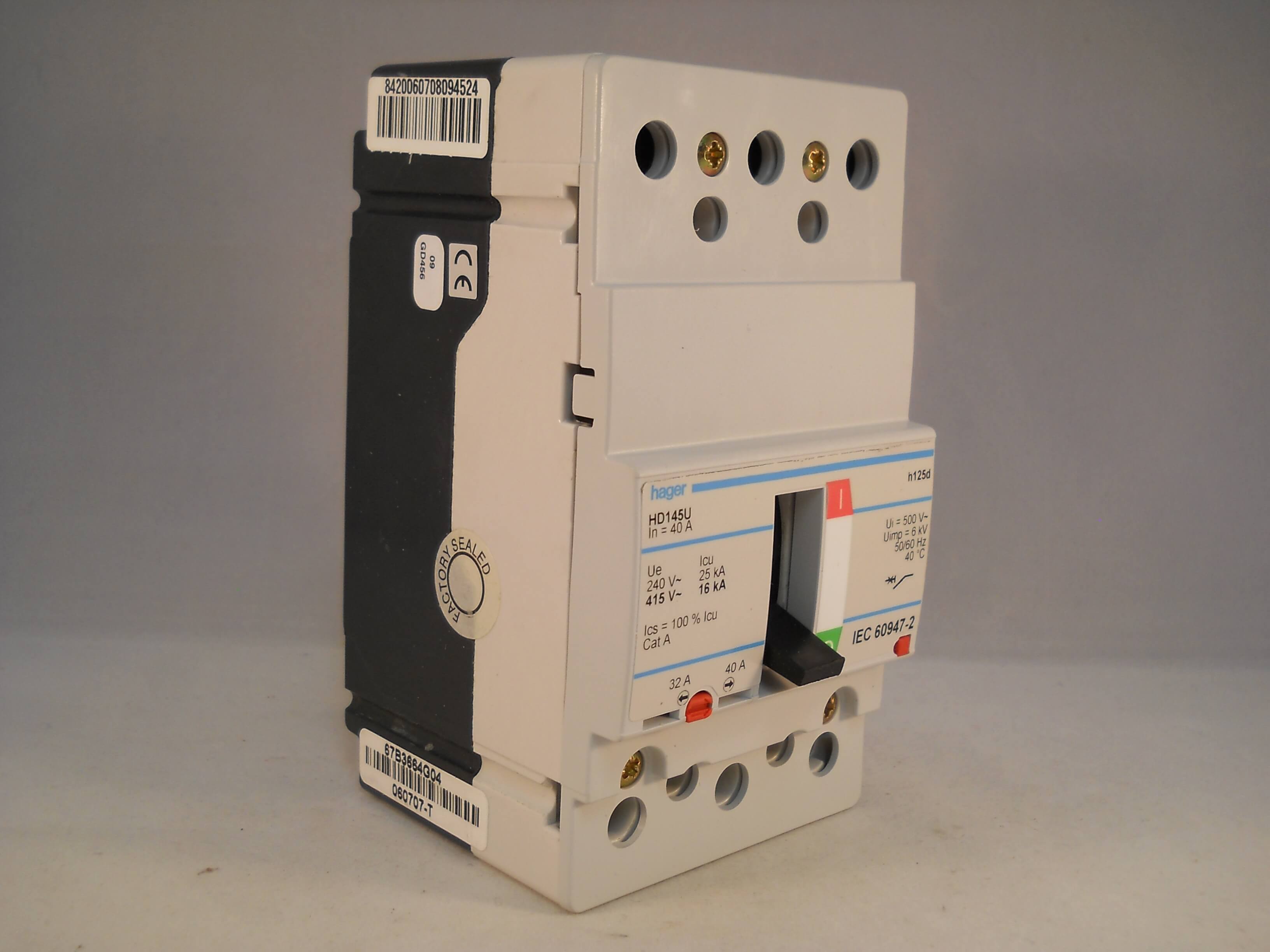 Hager MCCB 40 Amp Triple Pole 40A 3 Phase Breaker H125D HD145U NEW ...