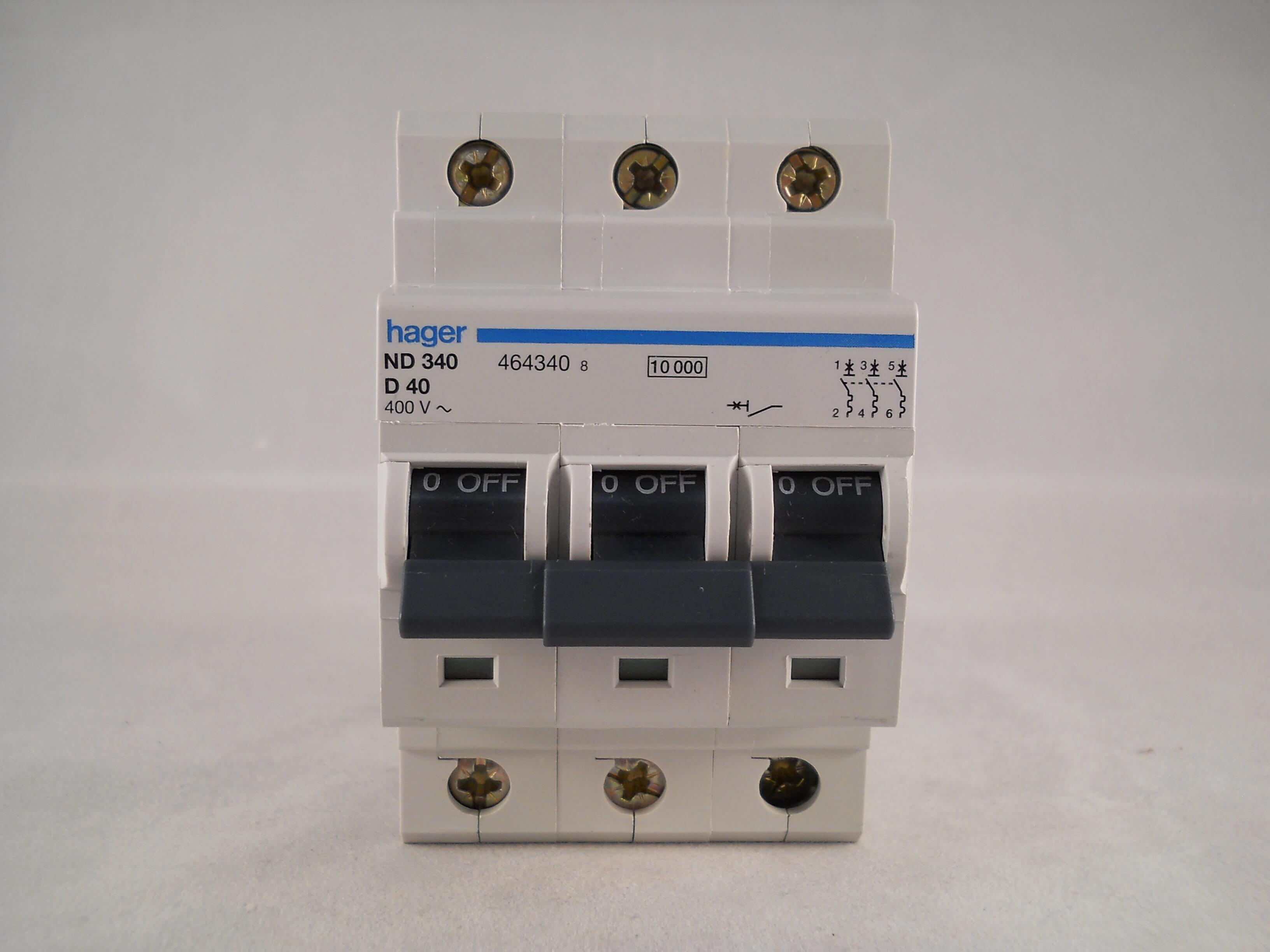 Hager MCB 40 Amp Triple Pole 3 Phase Circuit Breaker Type D 40A 463440 ...