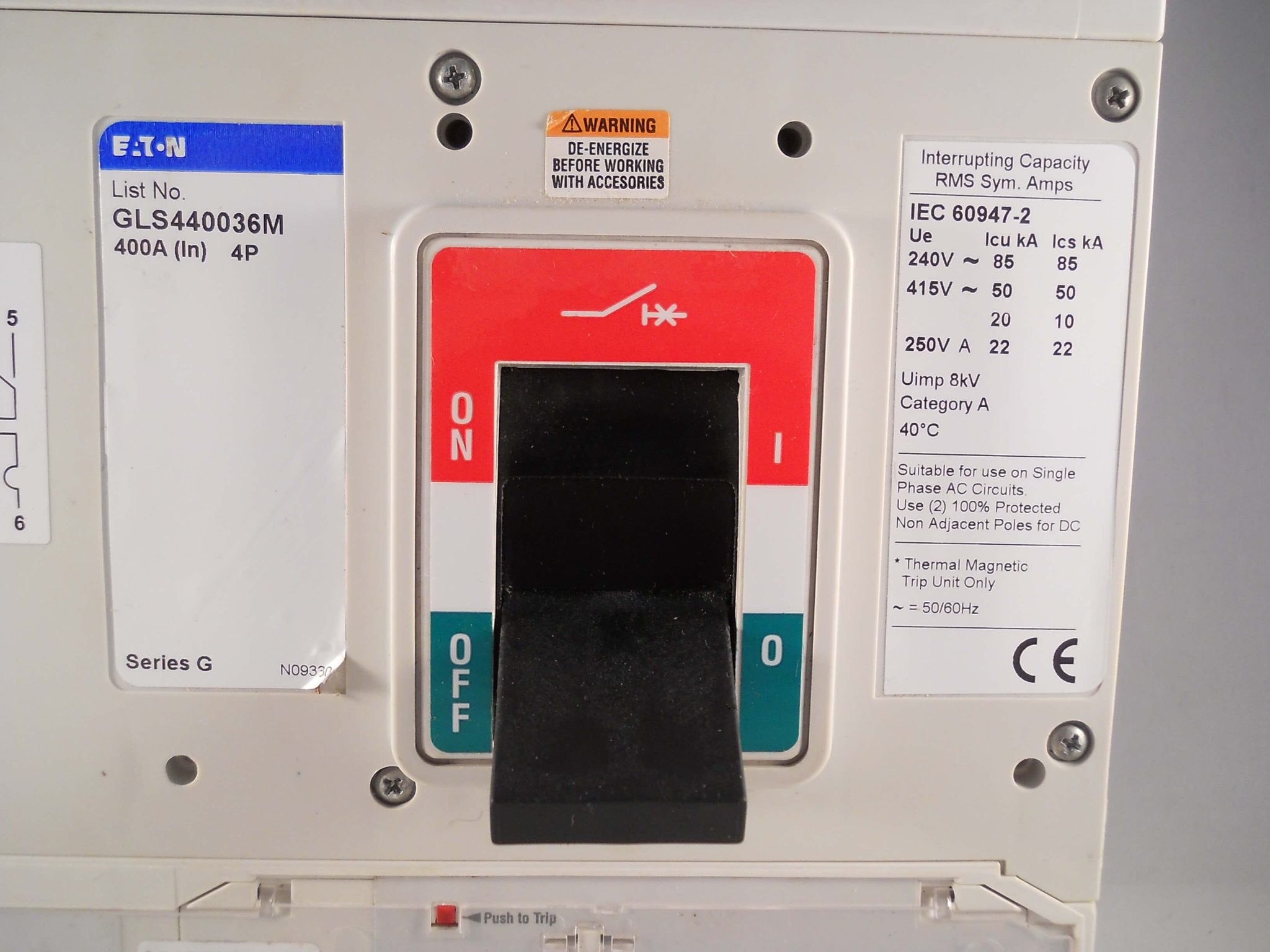 Eaton MCCB 400 Amp Four Pole 400A TPN Breaker Series G GLS440036M NEW ...