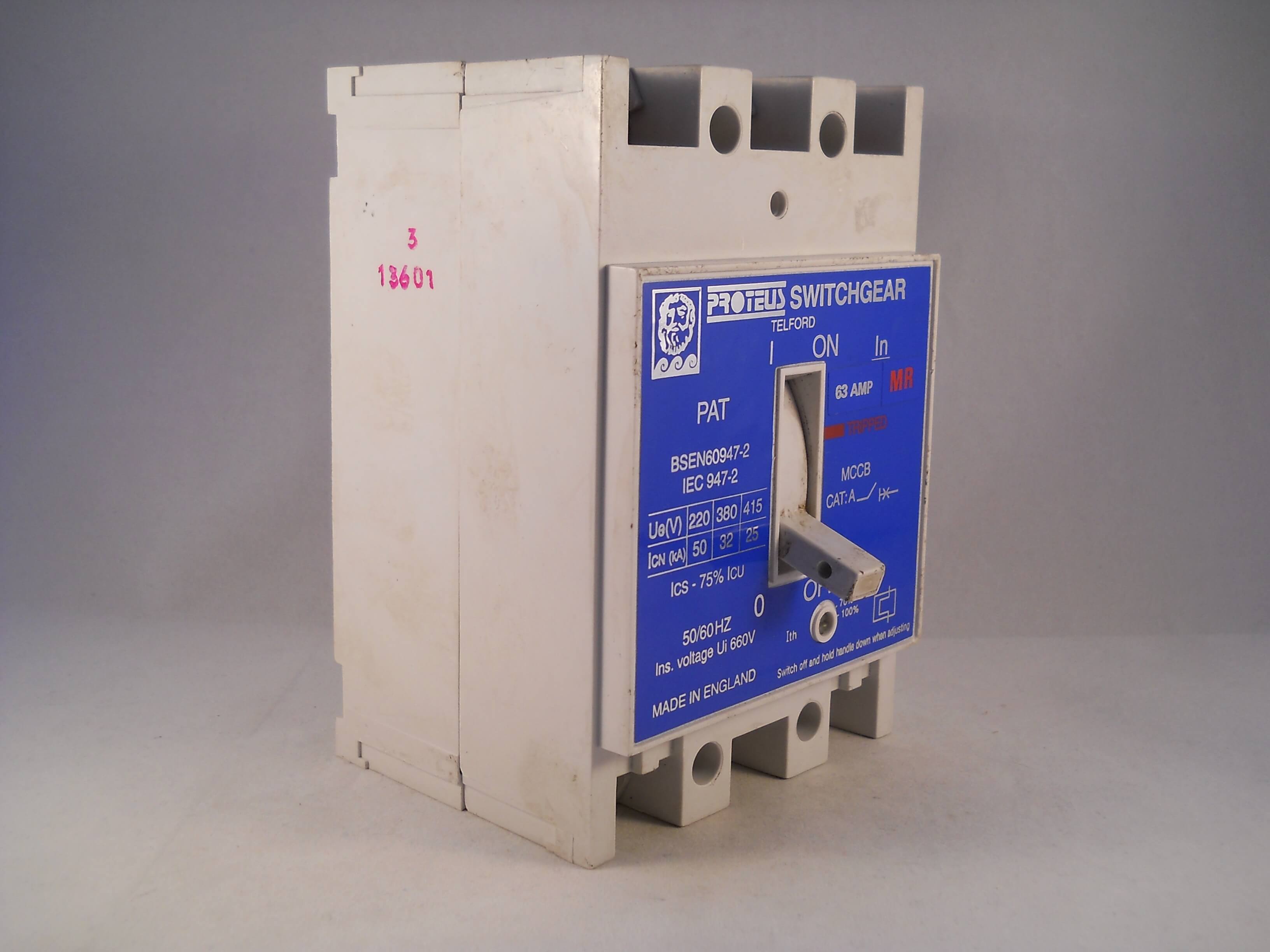 Proteus MCCB 63 Amp Triple Pole 3 Phase 63A Circuit Breaker Motor Rated ...