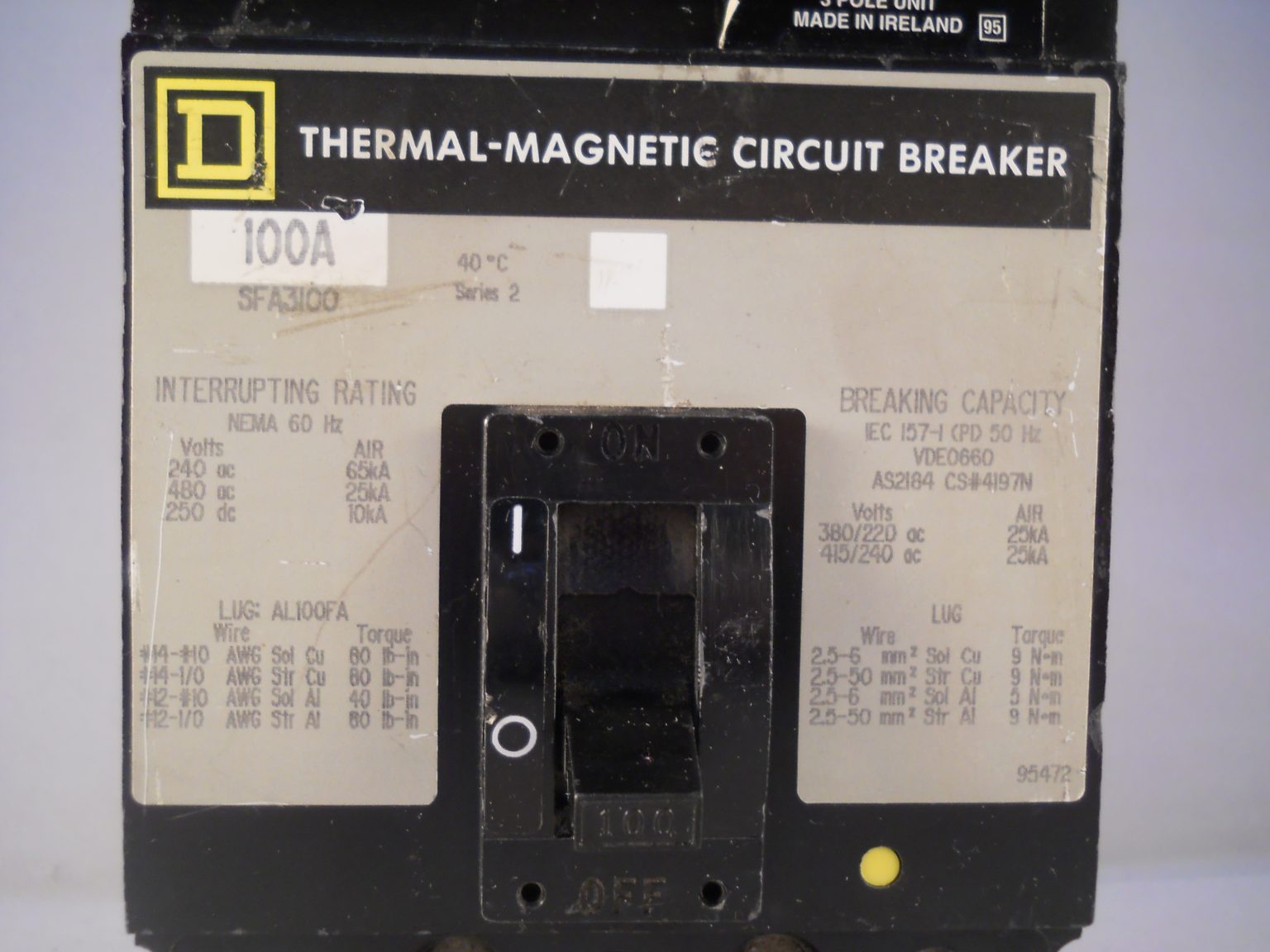 Square D MCCB 100 Amp Triple Pole 3 Phase 100A Series 2 i-Line Breaker ...